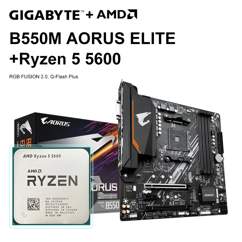 AMD Ryzen 5 5600 R5 5600 CPU+GIGABYTE B550M AORUS ELITE Motherboard Set Socket AM4 DDR4 128GB M ...