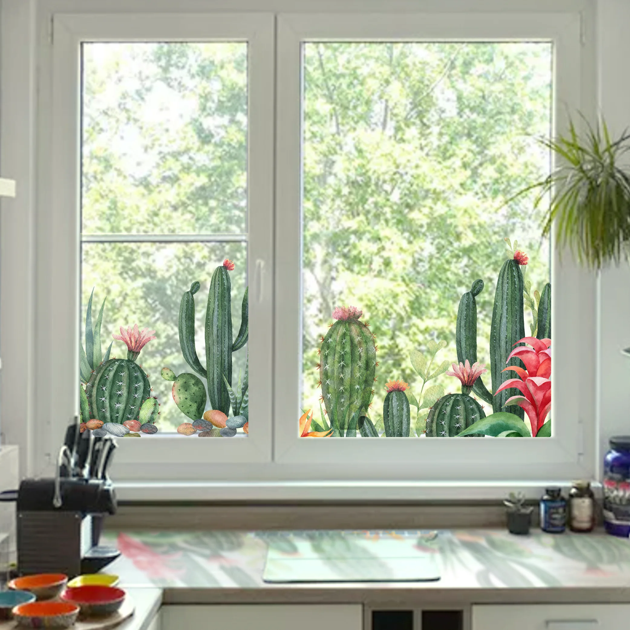 Kizcozy Watercolor Cactus Group Reusable Vibrant Color Window Film for ...