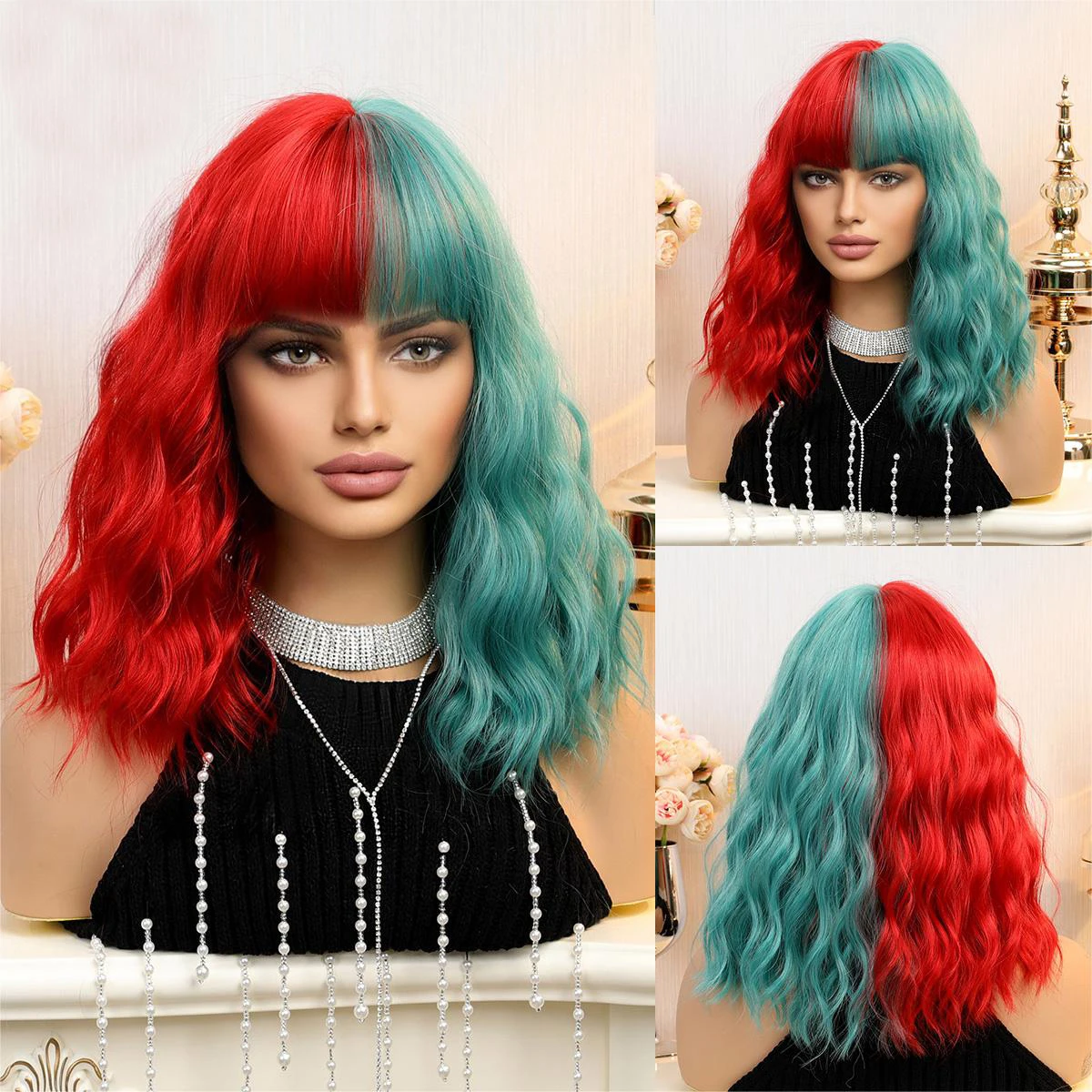 Half-Red-Half-Green-Synthetic-Wigs-for-Women-Short-Wavy-Colorful-Wig ...