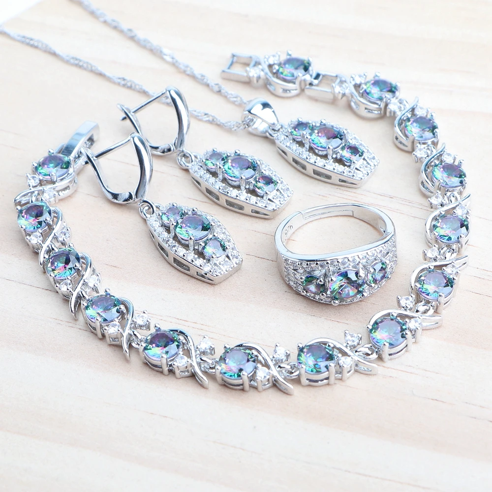 Bridal 925 Silver Jewelry Sets Magic Natural Rainbow Zircon Jewery ...