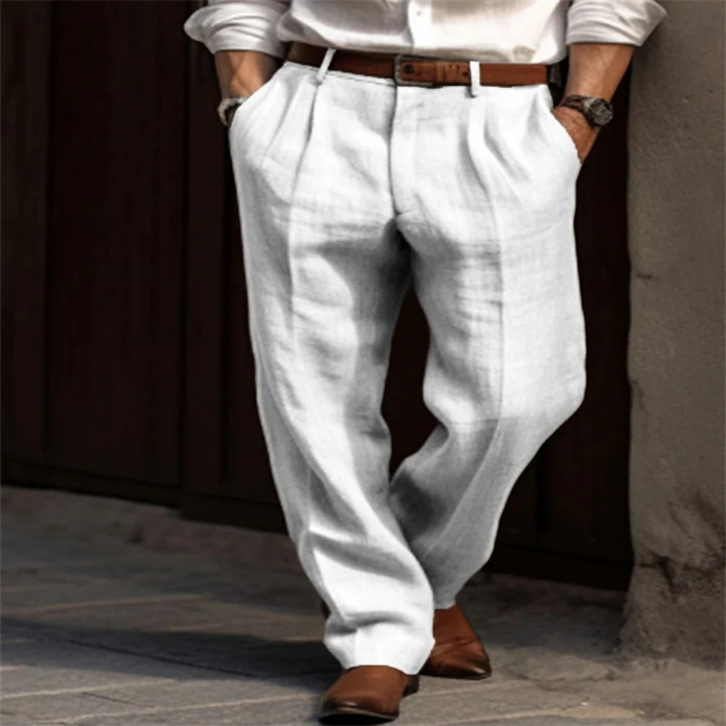 Mens-Linen-Pleated-Pants-Front-Pockets-Straight-Cotton-Blend-Long-Trousers-Spring-Summer-Holiday ...