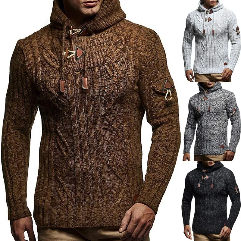 Pul-ver-masculino-de-malha-comprida-crach-com-capuz-bot-o-de-chifre-de ...