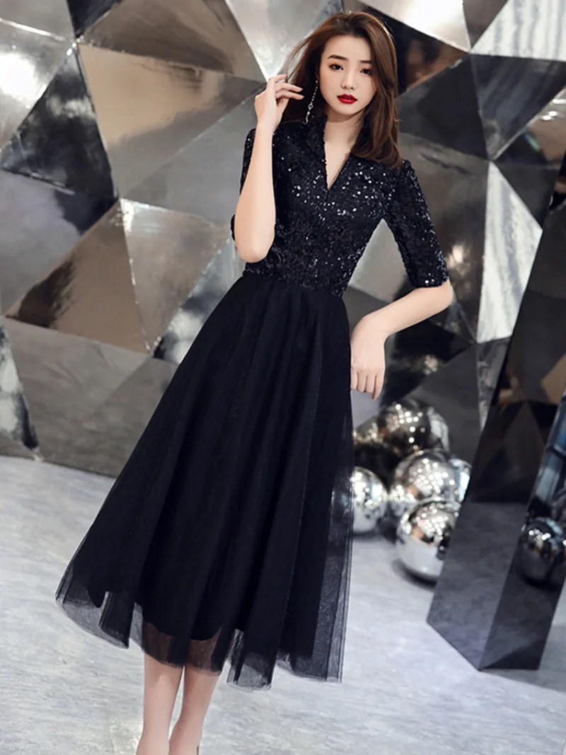 Black-Lace-Half-Sleeves-A-Line-Natural-Waist-Short-Cocktail-Party ...