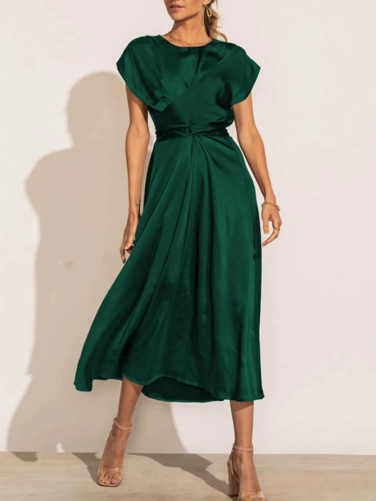 New In Summer Women's Dress Elegant Stain Silk Green Office Ladies Lace up Midi Dress Chic ...