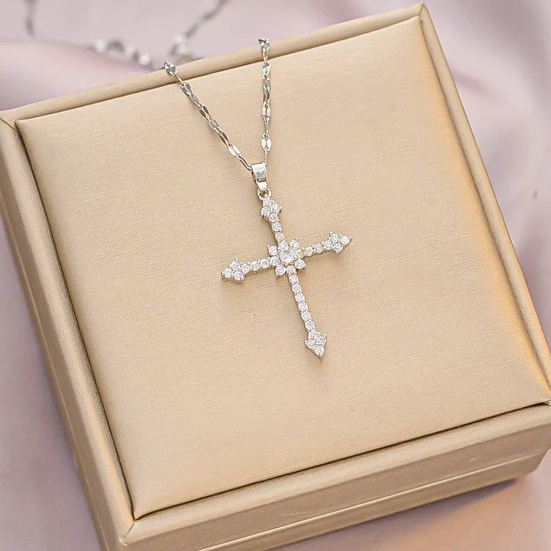 Fashion-Shine-Crystal-Zircon-Cross-Pendant-Necklace-For-Women-Girl ...