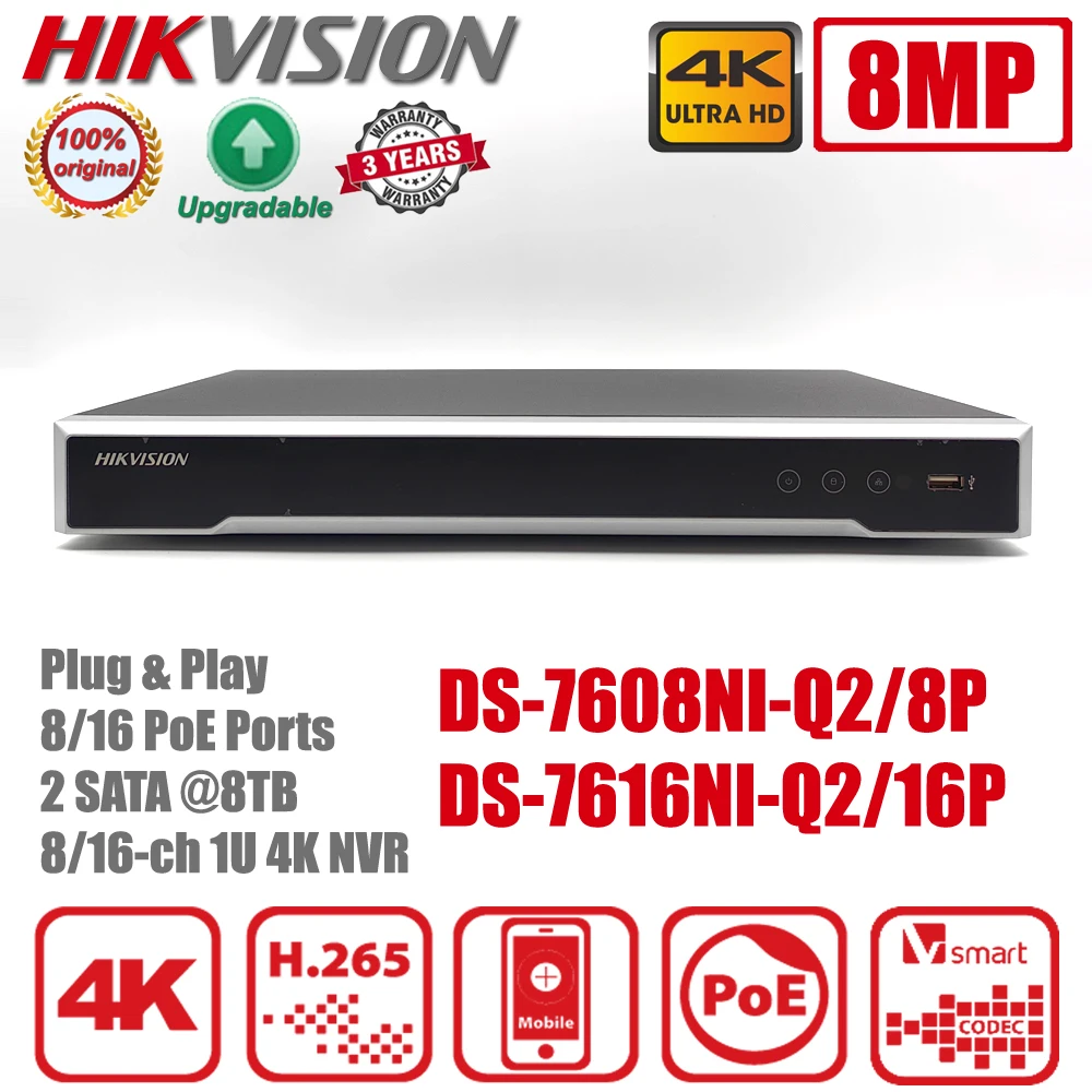 Hikvision DS 7616NI Q2/16P 8/16CH com portas POE 4K H.265 2 SATA NVR DS 7608NI Q2/8P Network ...