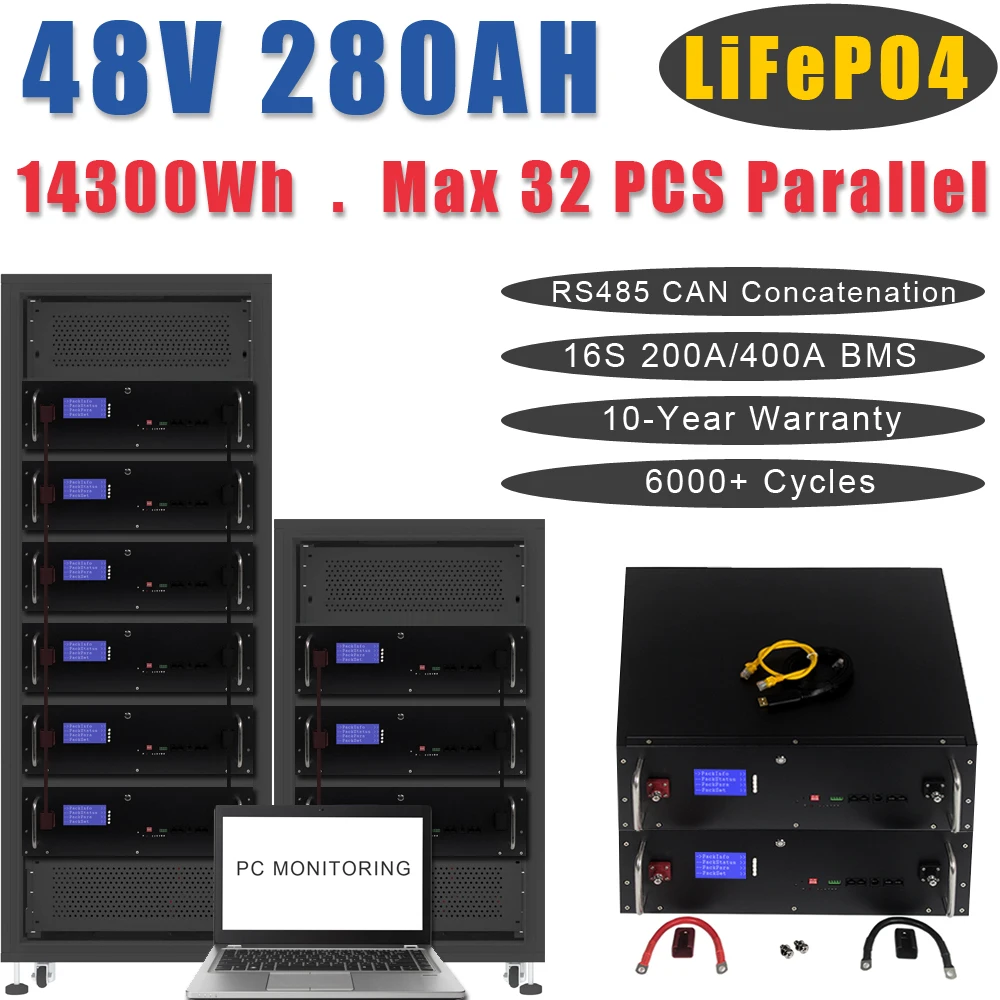 48V 280Ah 51.2V 14KW LiFePO4 Battery Pack 6000 Cycles CAN RS485 RS232 Solar energy Storage ...