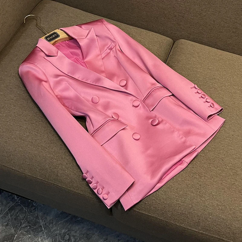 Pink Satin Slim Fit Blazer Hip-covering Skirt Fashionable Commuting Two ...