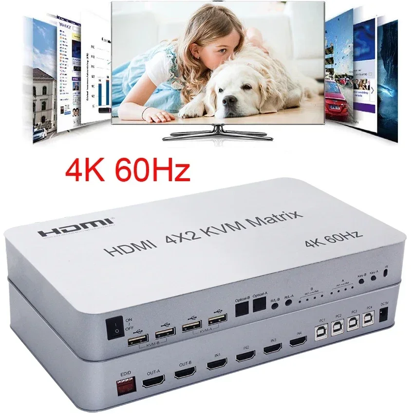 4K 60Hz 4x2 HDMI KVM Matrix HDMI Switch Splitter 4 In 2 Out PC To TV ...