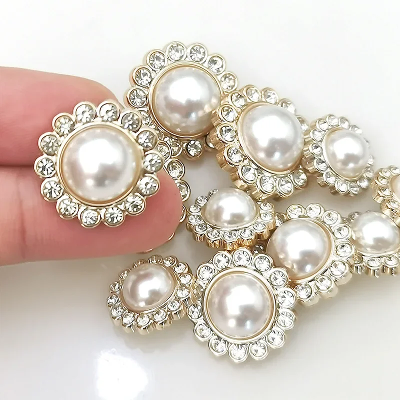 10pcs-Gold-Color-Shank-Buttons-Rhinestone-Pearl-Flower-Shape-Plastic ...