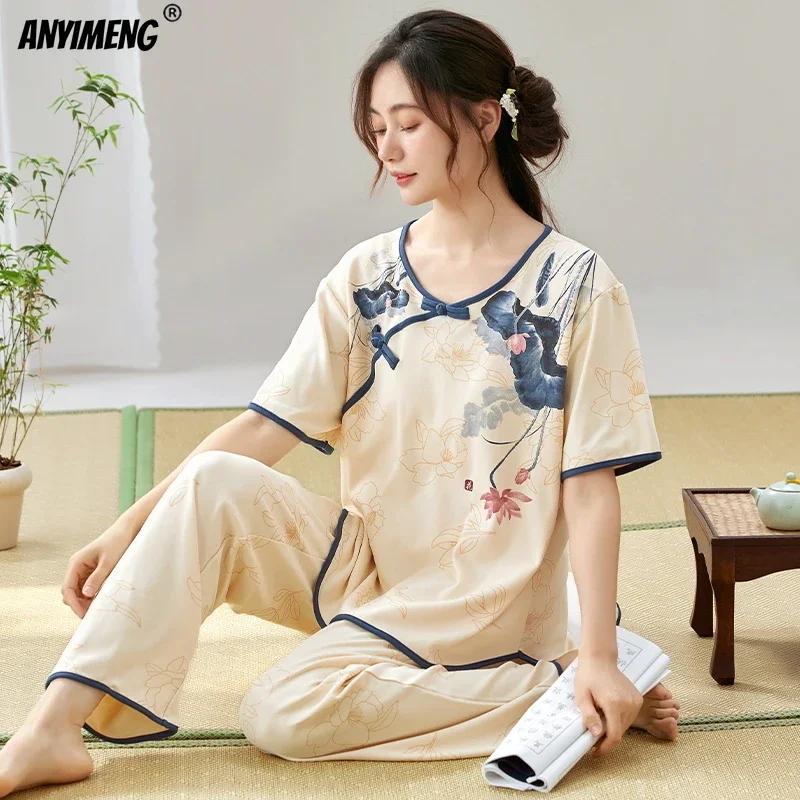 Chinese Retro Style Women Pajamas Set Summer Short Sleeve Faux Cotton ...