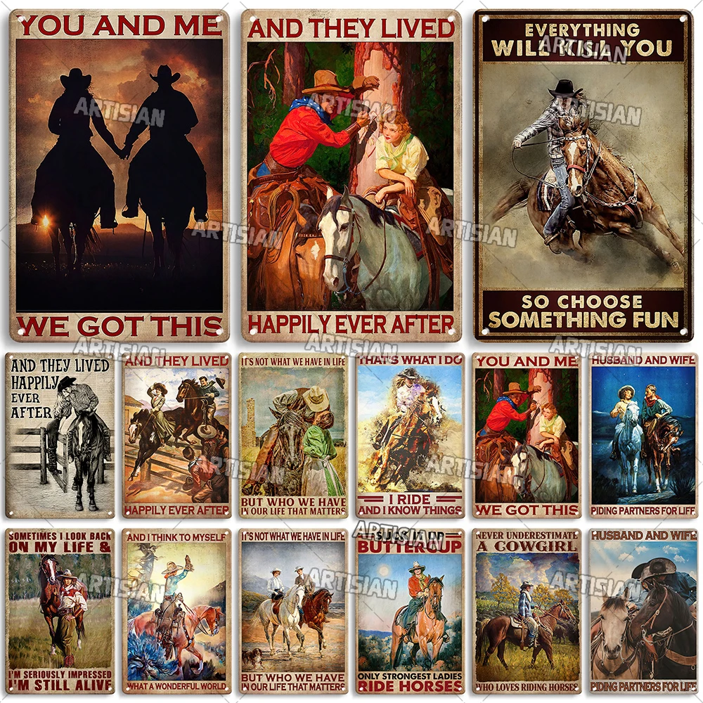 Artisische-Cowgirl-En-Cowboy-Metalen-Blikken-Bord-Vintage-Rijpaard ...