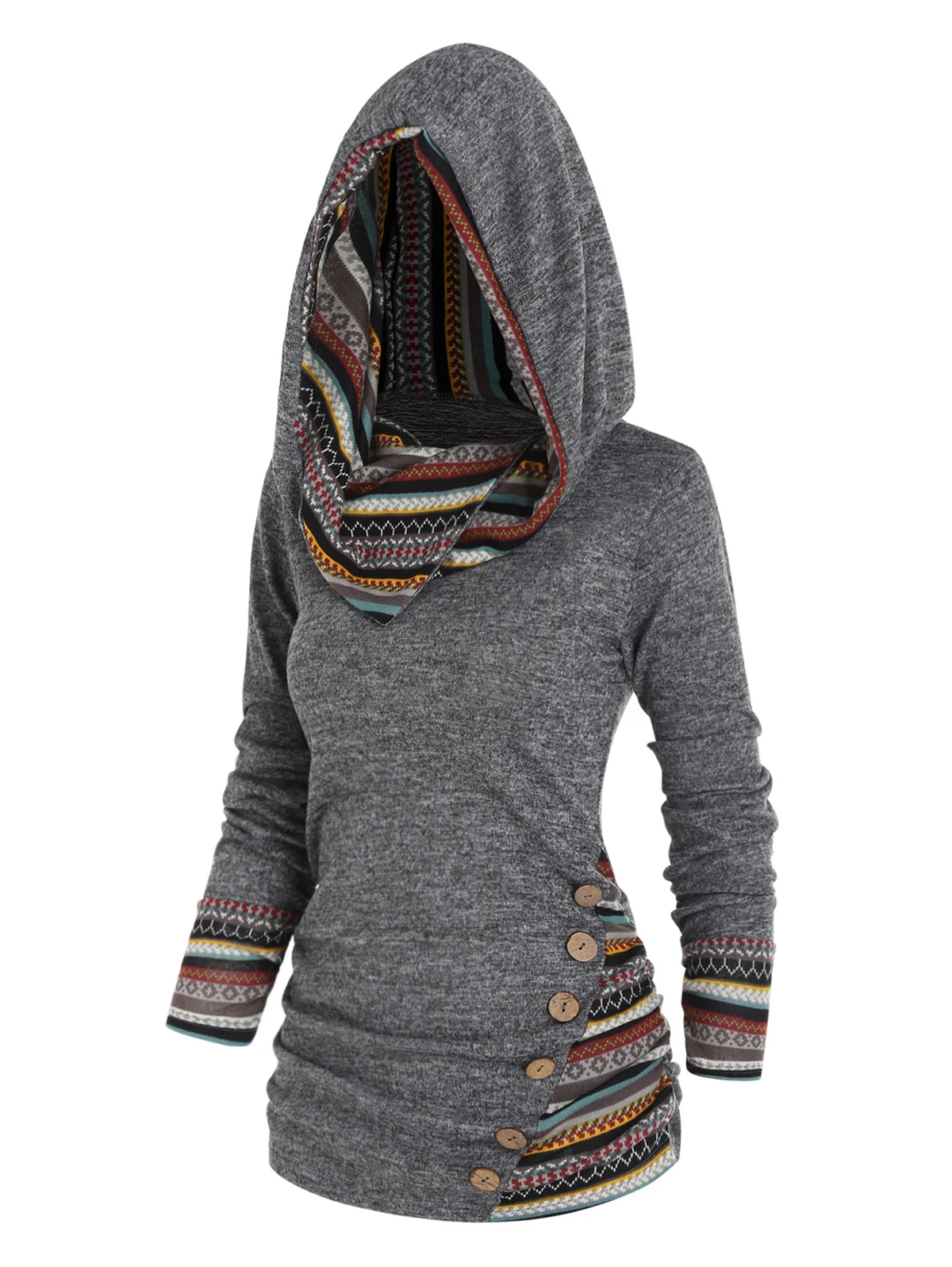 Tribal-Geometric-Stripe-Panel-Hooded-Knit-Top-Long-Sleeve-Mock-Button ...