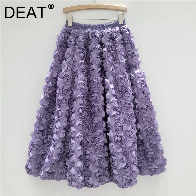 DEAT 2025 New Fashion 3D Flower Mid-calf Skirts For Women High Elastic ...