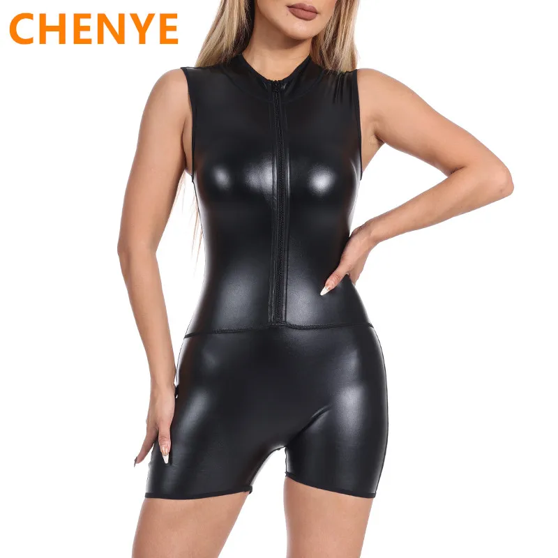 Women-Body-Shapers-Metallic-Front-Zip-Mock-Neck-Catsuit-Bodysuit-Sexy ...