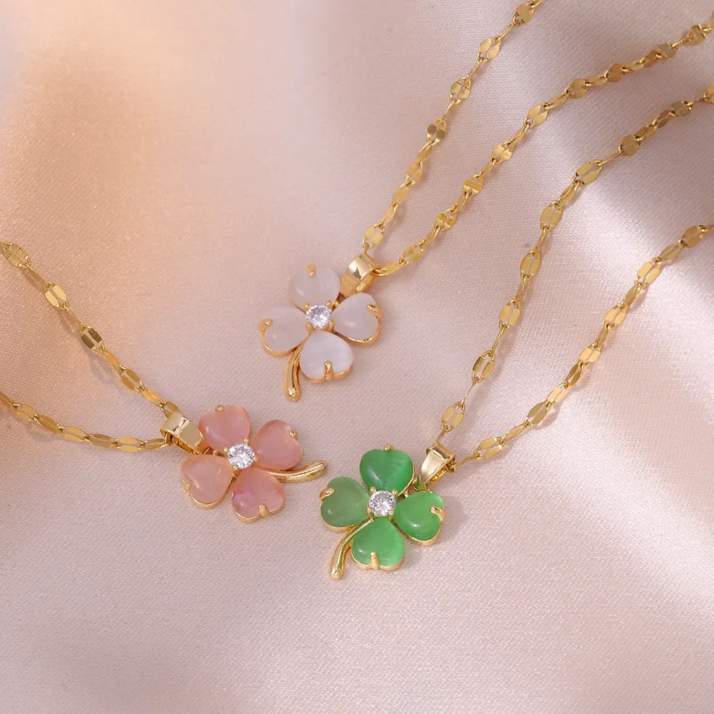 Stainless Steel Chain Classic Shiny Zircon Four Leaf Clover Pendant ...