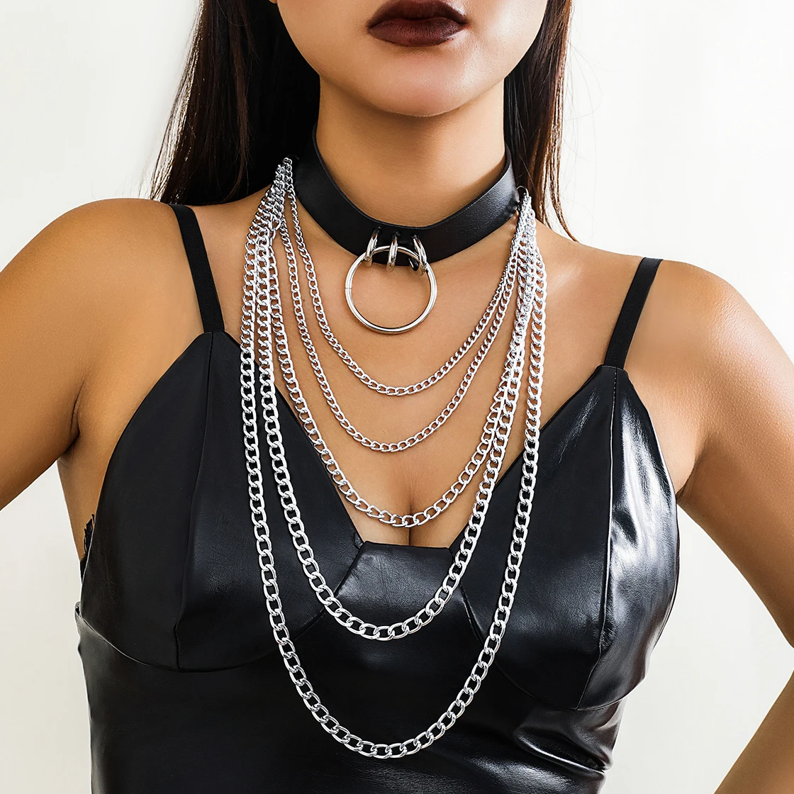 Goth-Punk-Pu-Leder-Quaste-klobige-Kette-Halskette-Frauen-Kragen-HipHop-Vintage-runde-Anh-nger ...