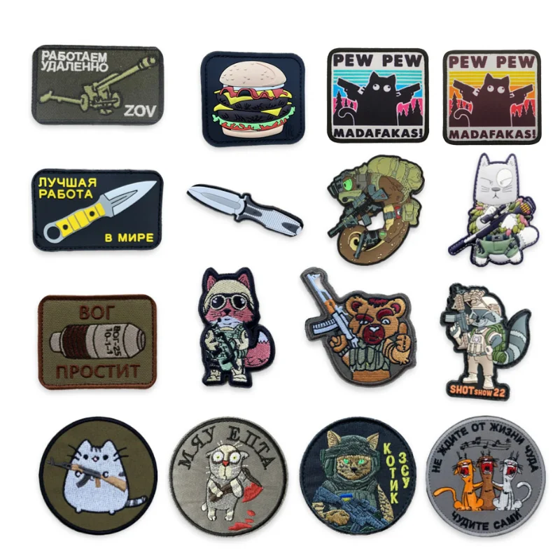 Tactical-Ber-Embroidered-Patch-Cat-with-Gun-Hook-Loop-Animal-Military-Armband-Russian-Chevron ...