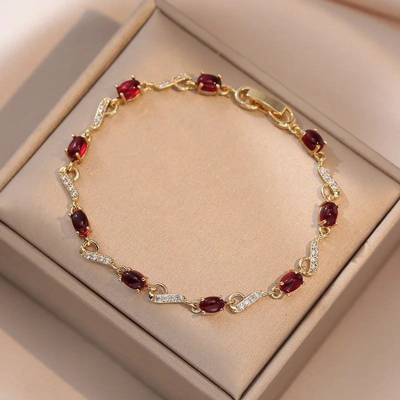 Bridal-Oval-Red-Stone-Charm-Bracelets-For-Women-Gold-Color-White-Zircon ...
