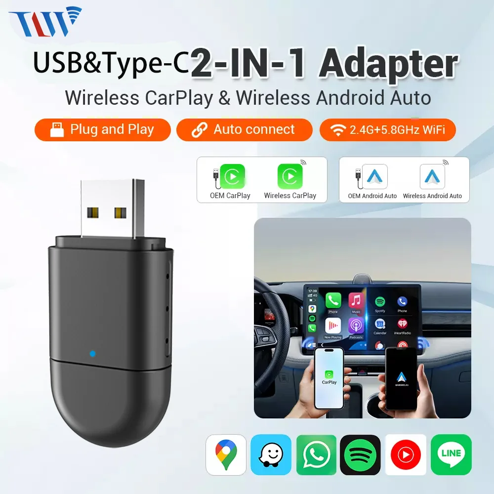 Mini USB&Type-C dual interface wired Carplay Android to wireless adapter OTA navigation language ...