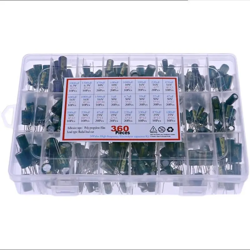 360Pcs 24Kind High frequency electrolytic Capacitor Box Kit set 1uF ...