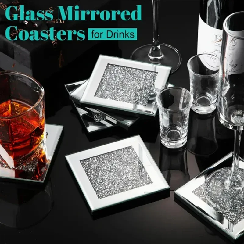 Creative Rhinestone Mirror Glass Cup Coaster Square Circular Cups Mat ...