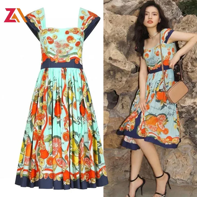 ZALady-runway-floral-fruit-print-midi-a-line-dress-zevity-summer ...