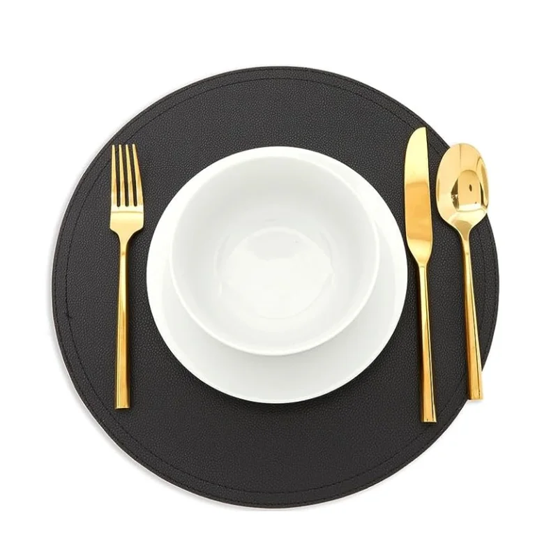 1/2/6PCS Black Round Placemats Set Luxury Shaped Fuax Leather PU Coffe ...