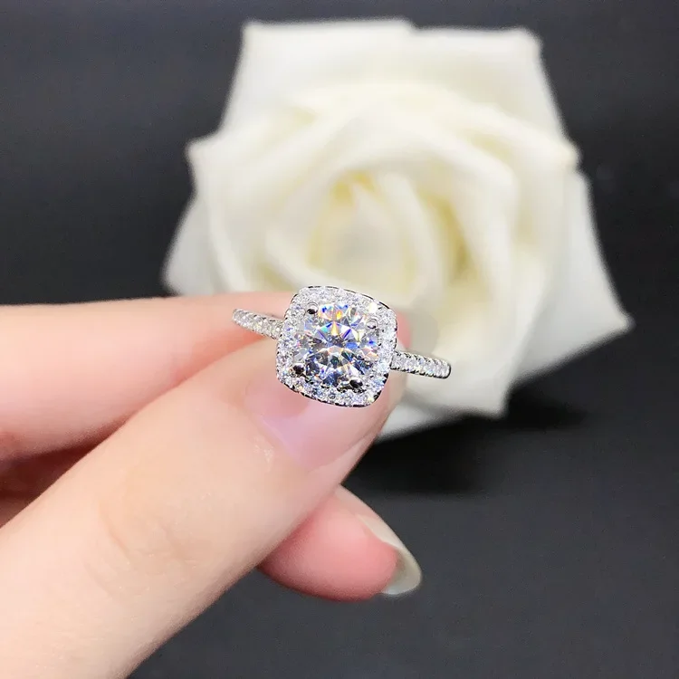 Solid-14K-White-Gold-AU585-Four-Prong-Square-Set-Diamond-Ring-Open ...