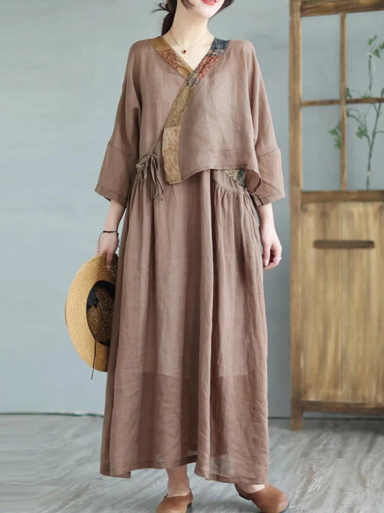 Vestidos informales de lino y algodón para mujer, vestido largo holgado de Color liso con cuello ...