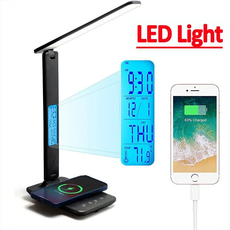 Led Desk Lamp Com Carregador Sem Fio Pad Despertador De Temperatura Eye