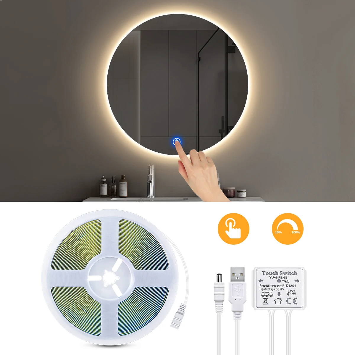LED-Vanity-Light-USB-5V-COB-LED-Strip-Touch-Sensor-Dimmable-Bathroom ...