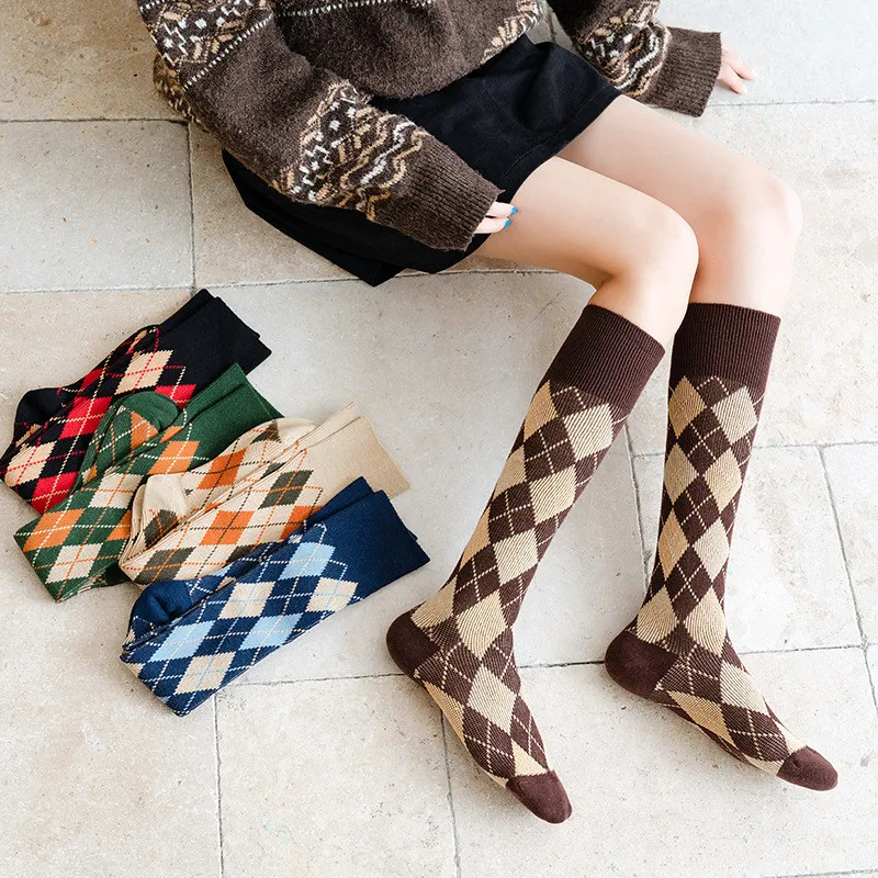 Autumn Winter Knee Socks for Girls Preppy Style Argyle Diamond Grid ...