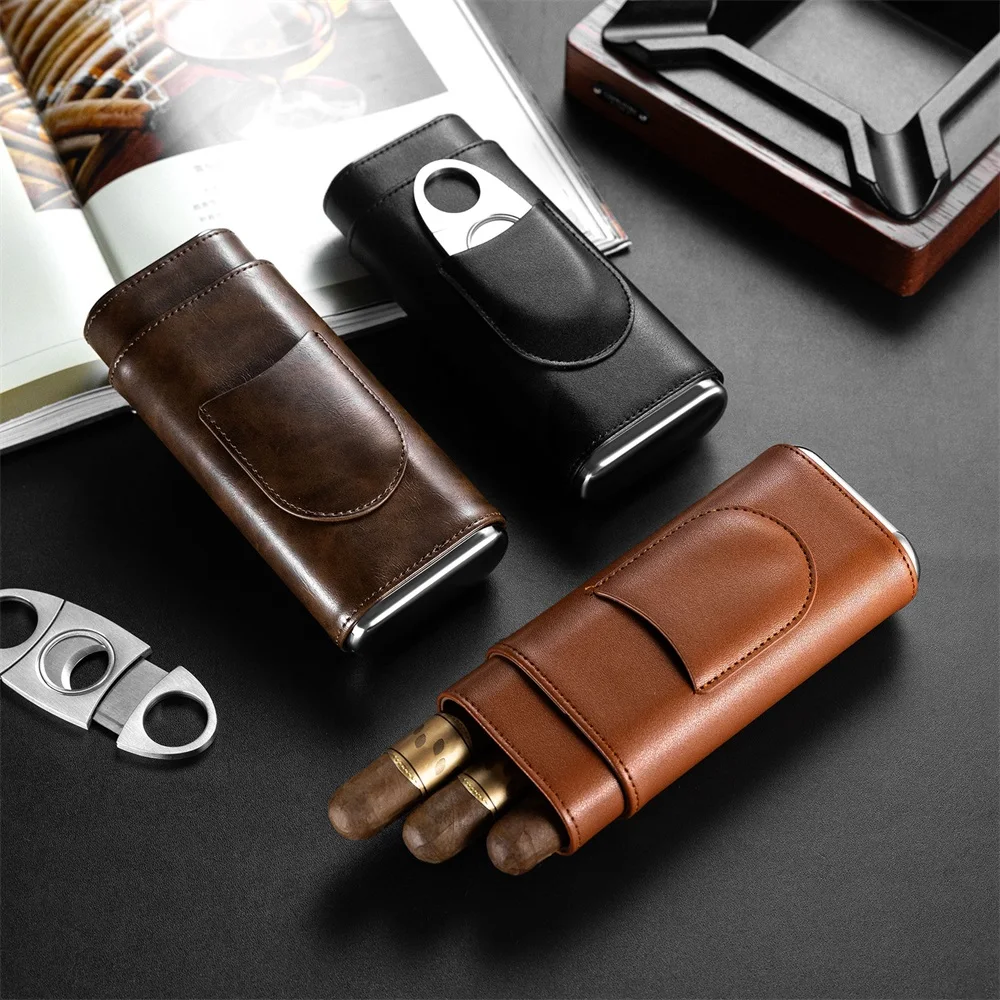 3-pack Cigar Case Portable Leather Holder Box Storage with Stainless ...