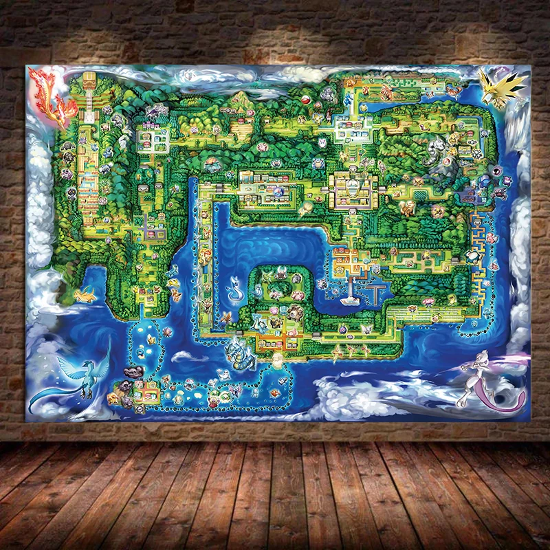 Póster de mapa de Pokemon Kanto, juego de Anime japonés, pintura en ...