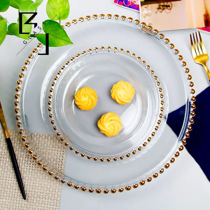 European-style Crystal Glass Plate Round Gold Beads Western Plate ...