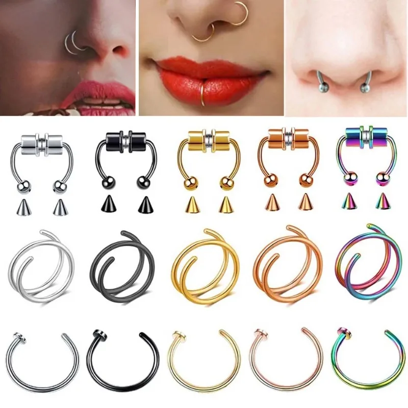 Simple Stainless Steel Magnetic Septum Fake Nose Rings for Women Double ...