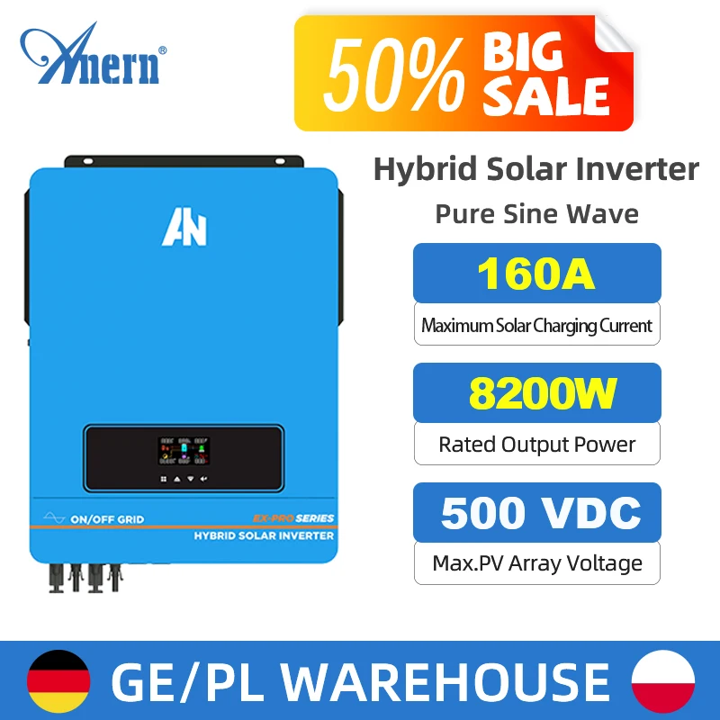 8.2KW 8200W Hybrid Solar Inverter Build-in Mppt 140A Controller 500VDC PV Input 230VAC 48V Pure ...