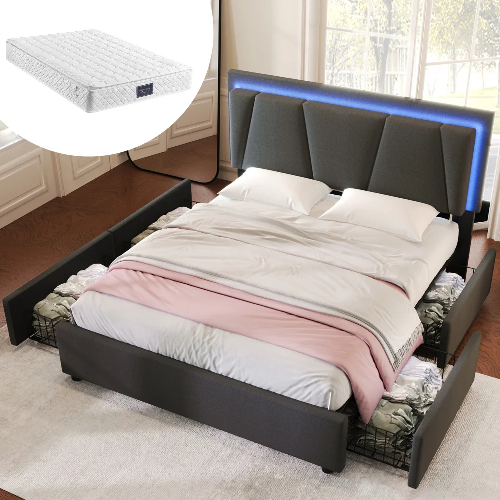 LED-illuminated-upholstered-bed-with-4-drawers-and-adjustable-headboard ...
