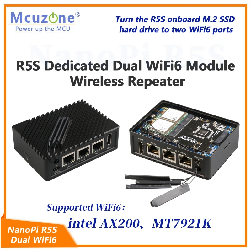 WiFi6 Wireless Repeater, NanoPi R5S Dedicated NVME to Dual WiFi6 module, MT7921k AX200 RTL8822CE ...