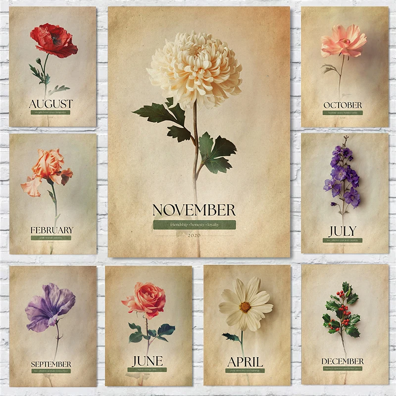 Retro Birth Flower Posters Vintage Floral Prints Canvas Painting Wall ...