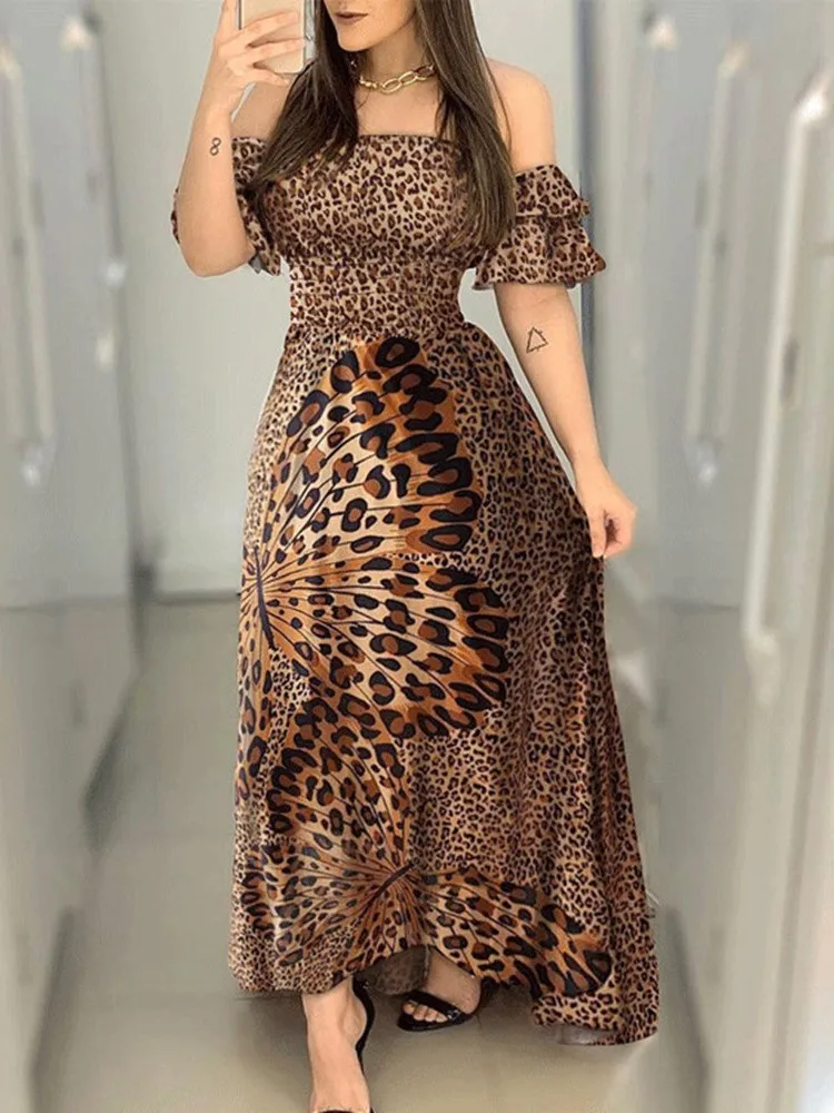 Boho Leopard Long Dress Women Sexy Off Shoulder Slash Neck Ruffle ...