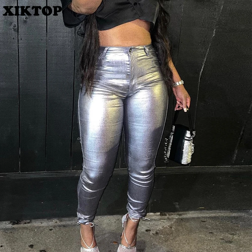 XIKTOP-Shiny-Pants-Women-Fashion-Pockets-Skinny-Pencil-Trouser-Solid ...