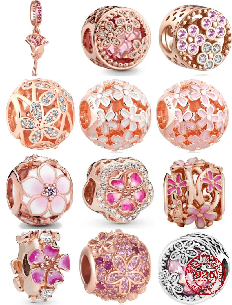 New-925-Sterling-Silver-Rose-Gold-Flower-series-Hot-Fine-Charm-Bead-fit ...
