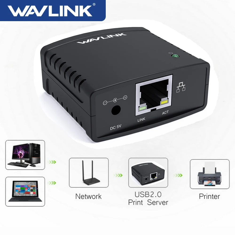 Wavlink USB 2.0 Network LRP Print Server USB Hub 100Mbps Share a LAN ...