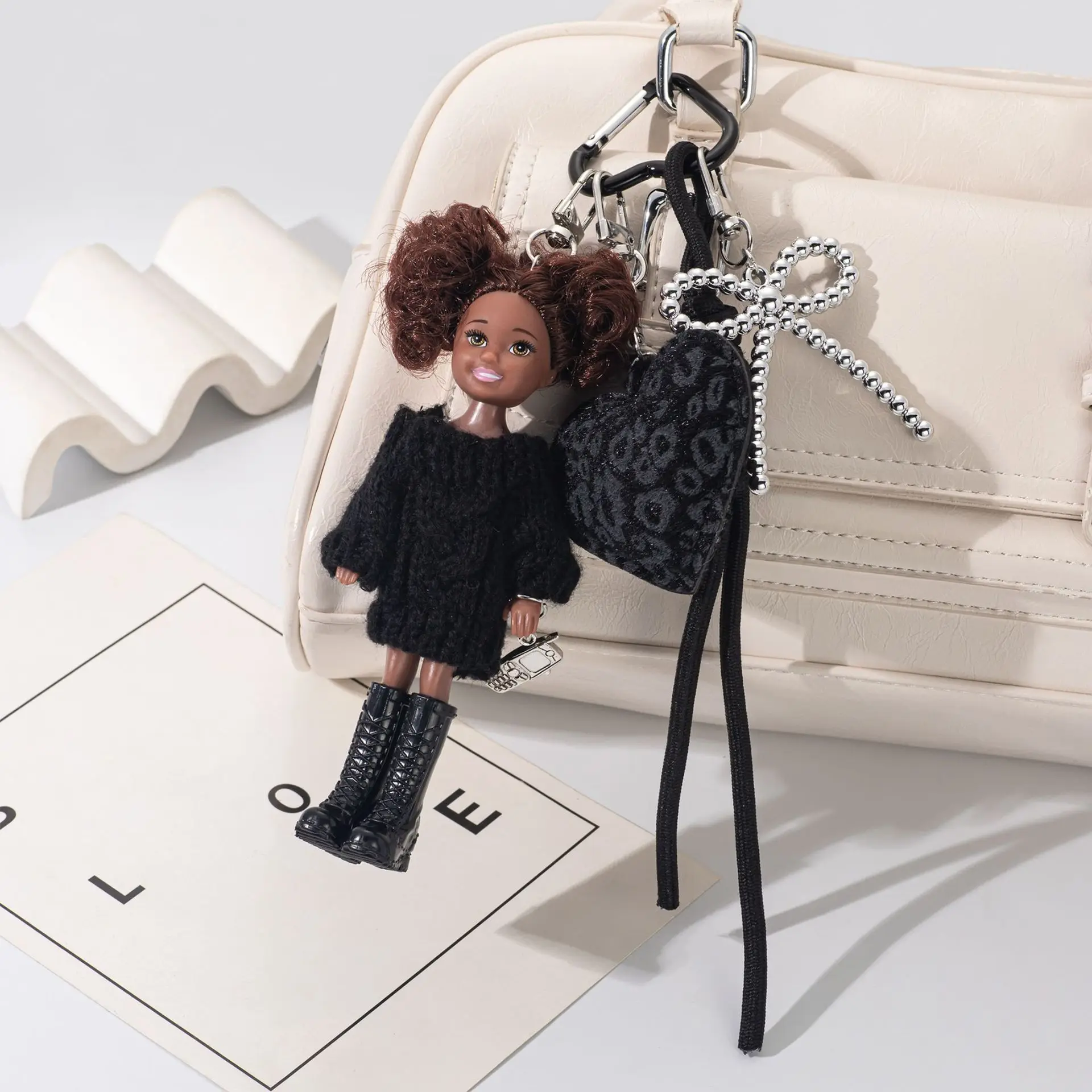 Edgy Dark Style Black Knit Doll Keychain Leopard Print Pendant Lace ...