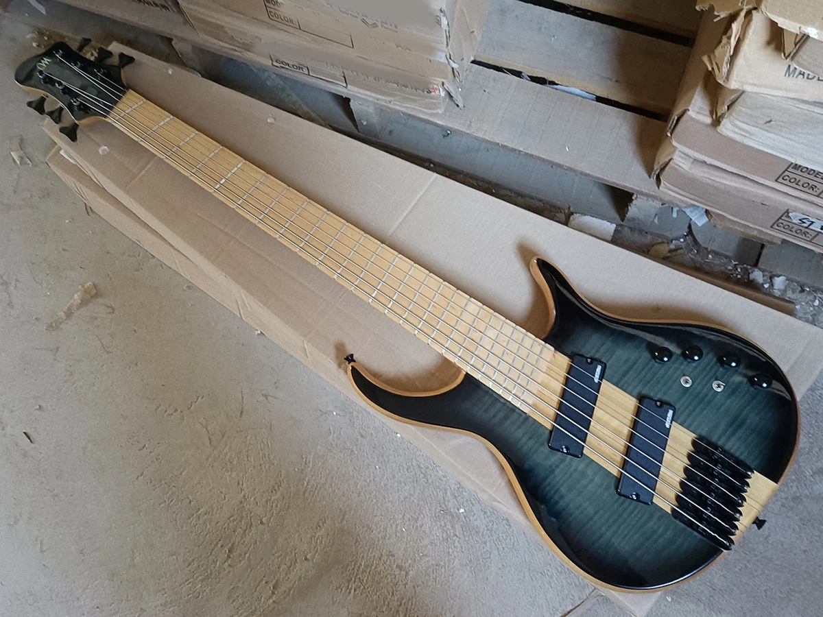 Factory-Fanned-Frets-6-Strings-Electric-Bass-Guitar-Flame-Maple-Veneer ...