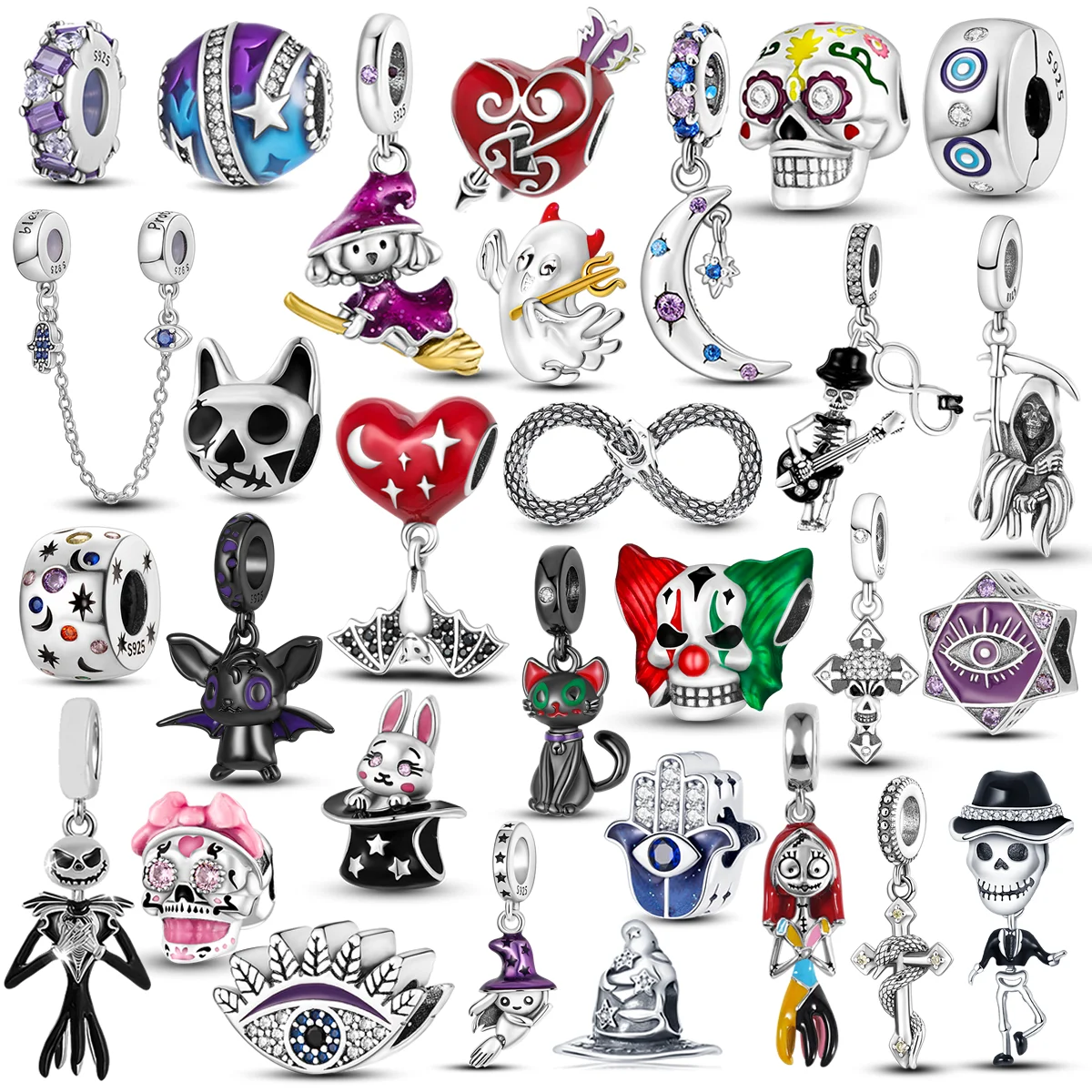 925 Sterling Silver Halloween Dangle Skeleton Witch Devil's Eye Skull ...