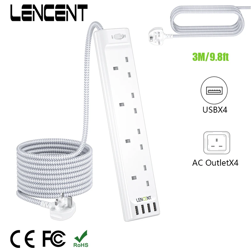 Lencent 3m Extension Lead With 4 Ac Outlets 4 Usb Multi Power Strip ...