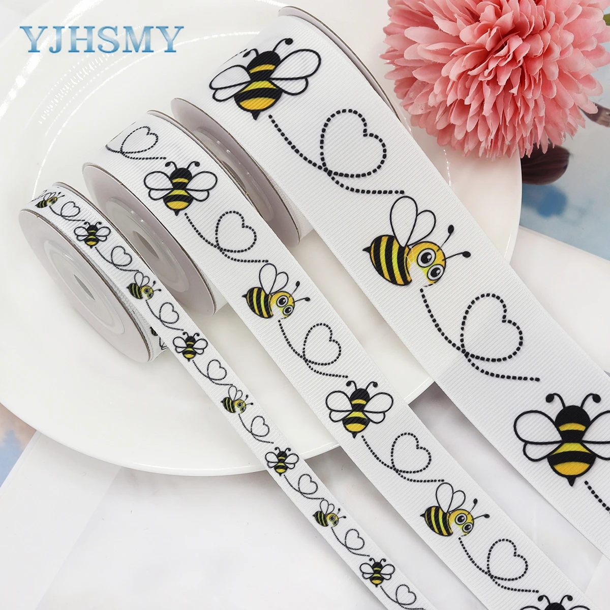 Bee-Ribbon-Bumble-Baby-Bee-and-Flower-Ribbon-White-Black-and-Yellow ...